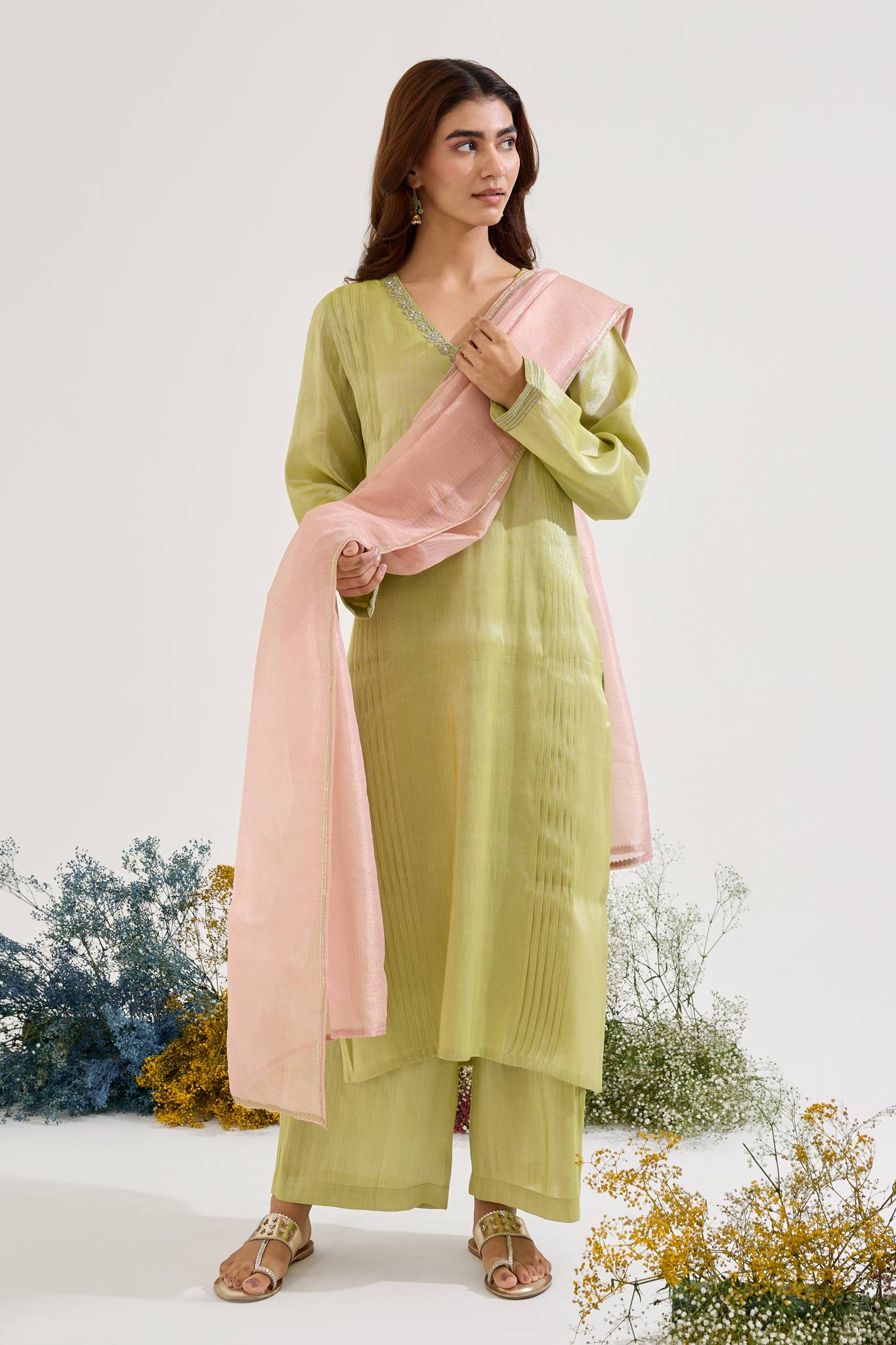 Lime Dori Tissue Kurta with Wide Leg Pants and Dupatta - Set of 3 ...