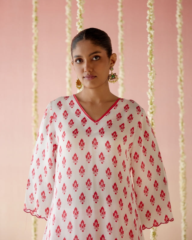 Raspberry A-Line Long Kurta with Wide Leg Pants- Set of 2 – Nero India