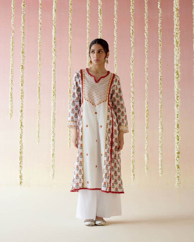 Poppy Red Yoke Anarkali Kurta with Wide Leg Pants- Set of 2 – Nero India