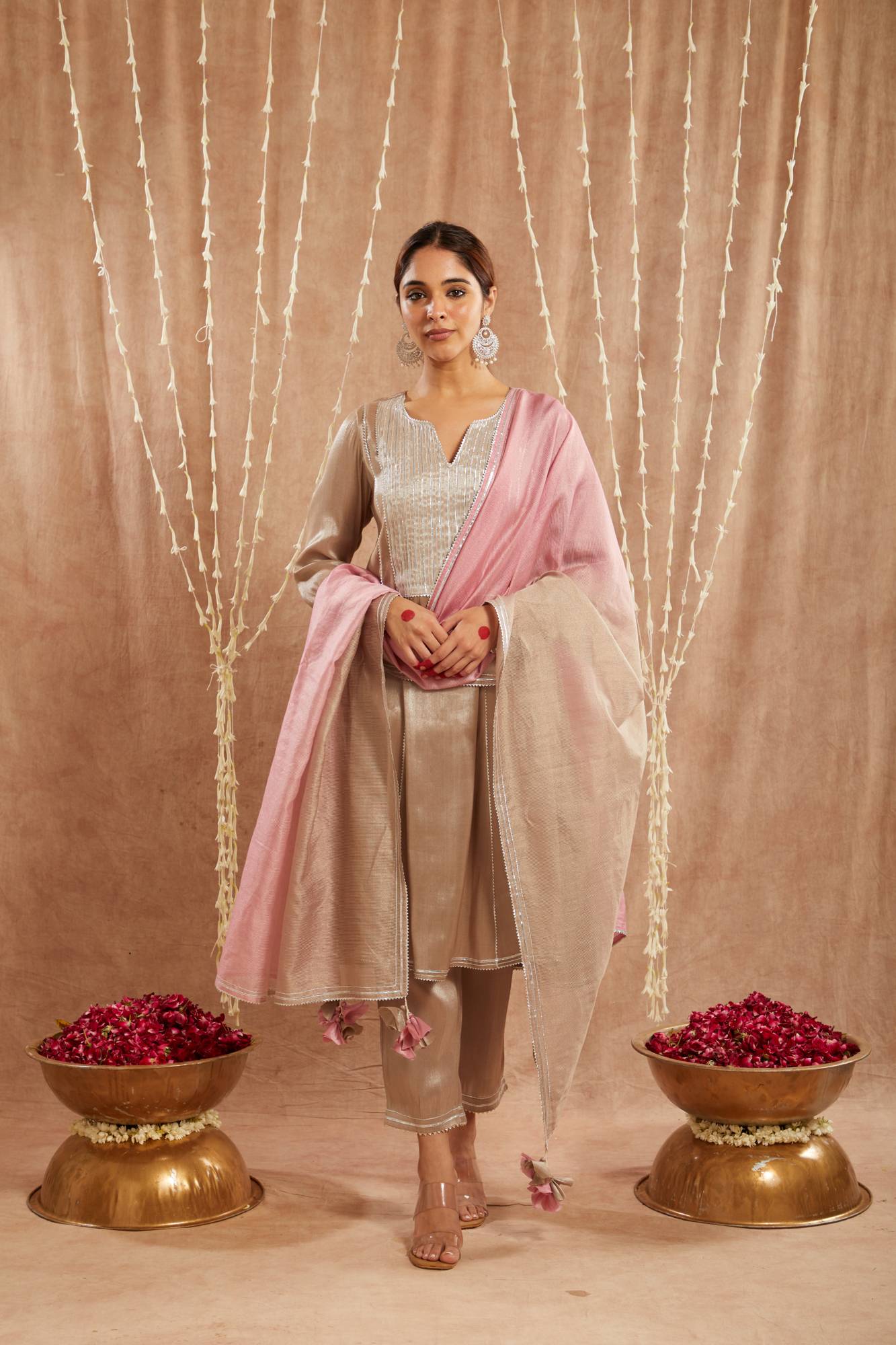 Moss Brown Yoke Tissue Anarkali with Narrow Pants and Dupatta - Set of ...